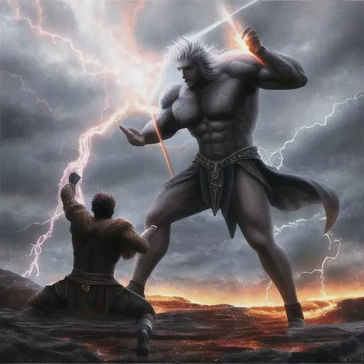 Zeus throwing lightning at the devil, ultra realisti...