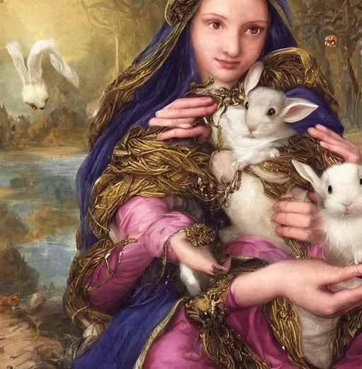 Holy sorceress holding a rabbit close-up | OpenArt