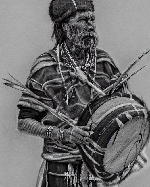 charcoal drawing of a Sami Shaman with ceremonial dr...