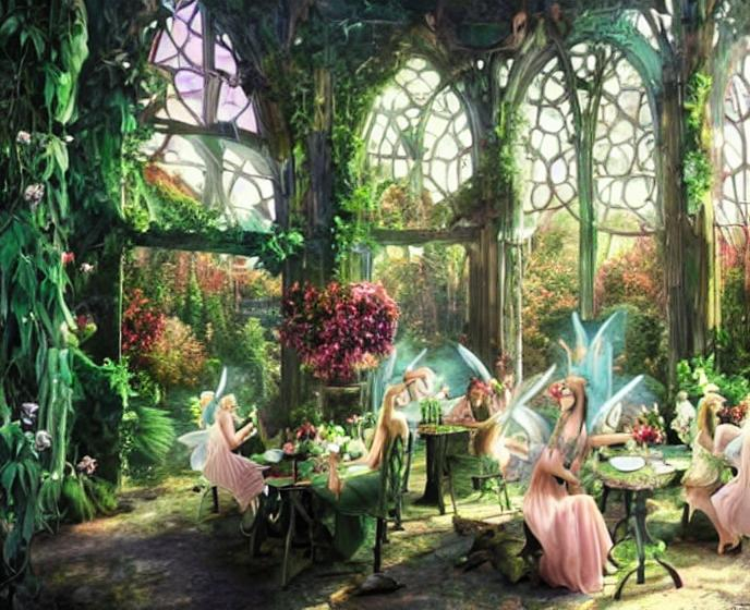 10 Fairies sitting at tables, laughing talking and d... | OpenArt