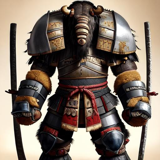 mutant-mammoth in samurai armour standing with clenc...