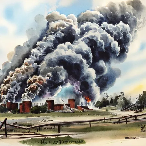 Powder Magazine Explosion 1942 in watercolor