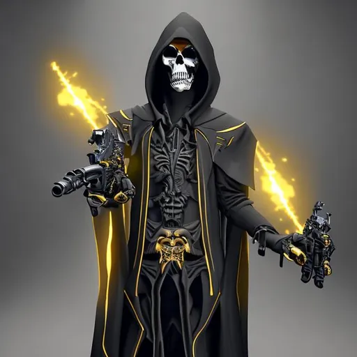 Black and gold grim reaper holding a gun in one hand... | OpenArt