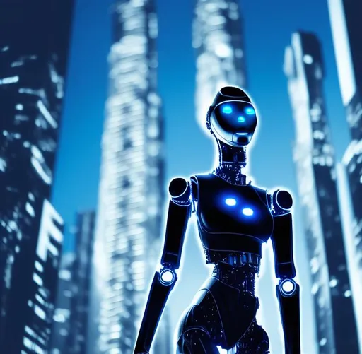 Full portait of a tall cyber female robot standing i...