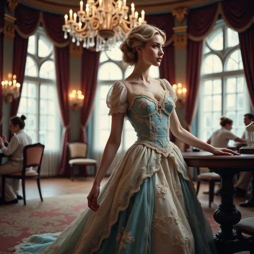 Woman in an iconic Victorian dress, intricate lace d...