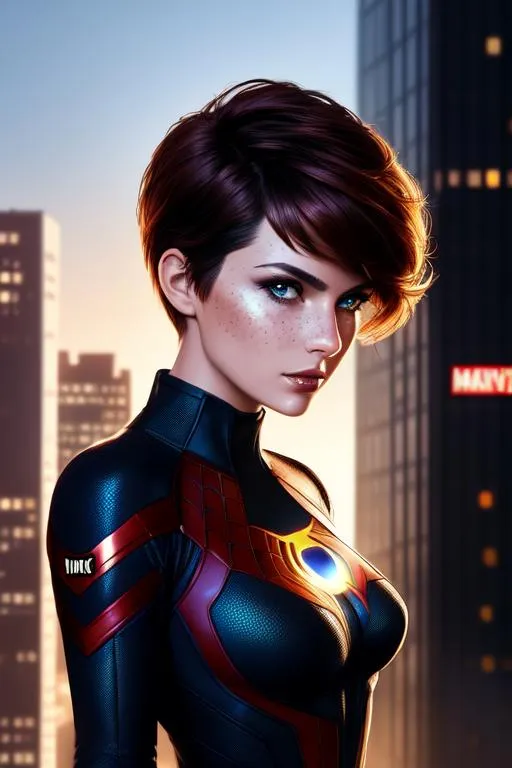 May Day Parker form Marvel Comics, standing on a roo...