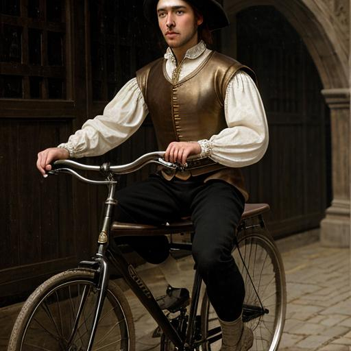 Handsome medieval young man riding a bicycle, dresse...