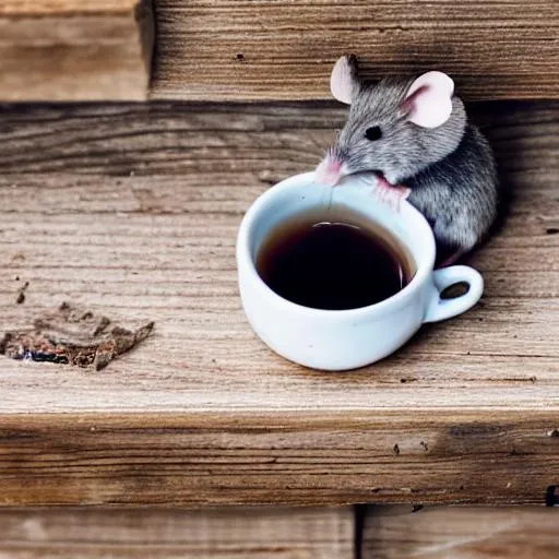 A broken tea cup sitting on a shelf with a mouse pee... | OpenArt