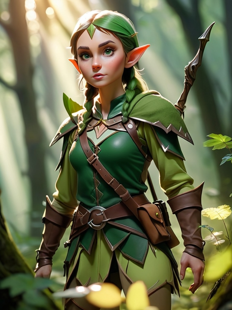 Elf ranger in a mystical forest around sunlight