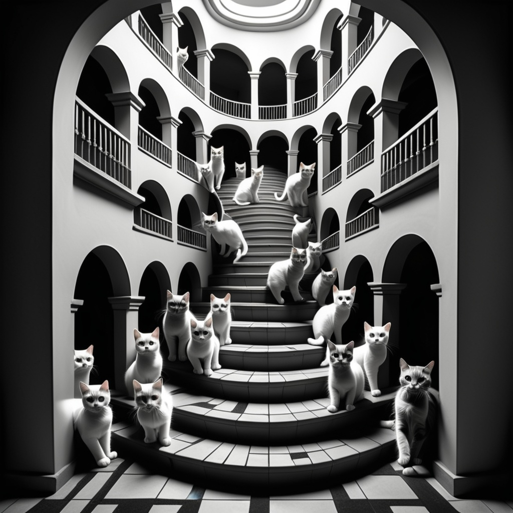 Escher style stairs with infinite cats going up and...