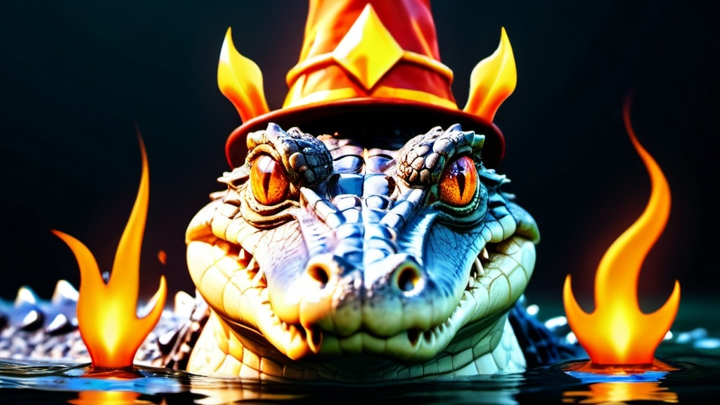 crocodile in water with lots flames on head, flame o...