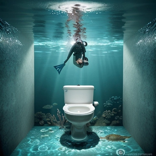 Diver exploring underwater toilet, realistic digital...