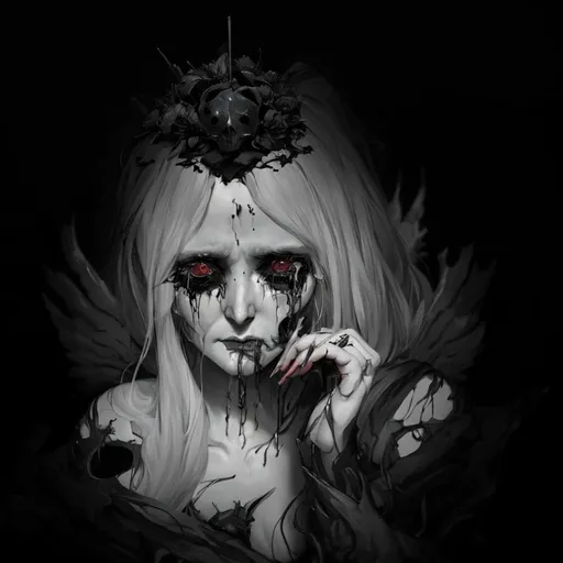 goddess of death and decay, crying black tears, grey...