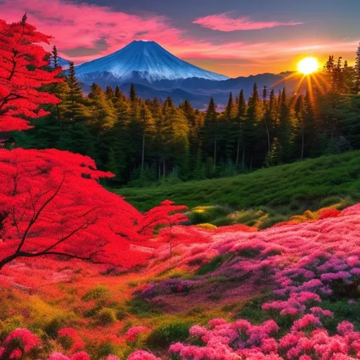 Snow Covered Mountain, Bright Red Sunset, green mead...