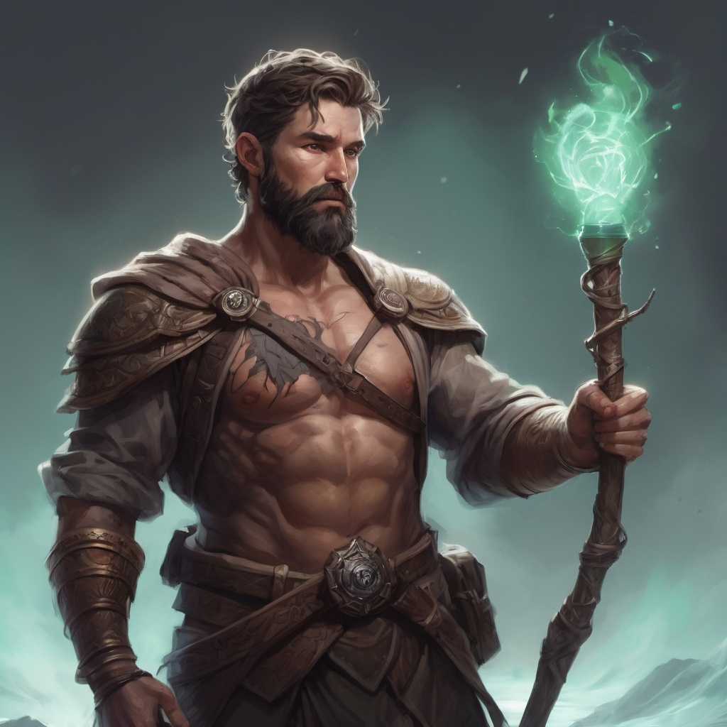 (torso) Male stocky masculine magical druid with sho...
