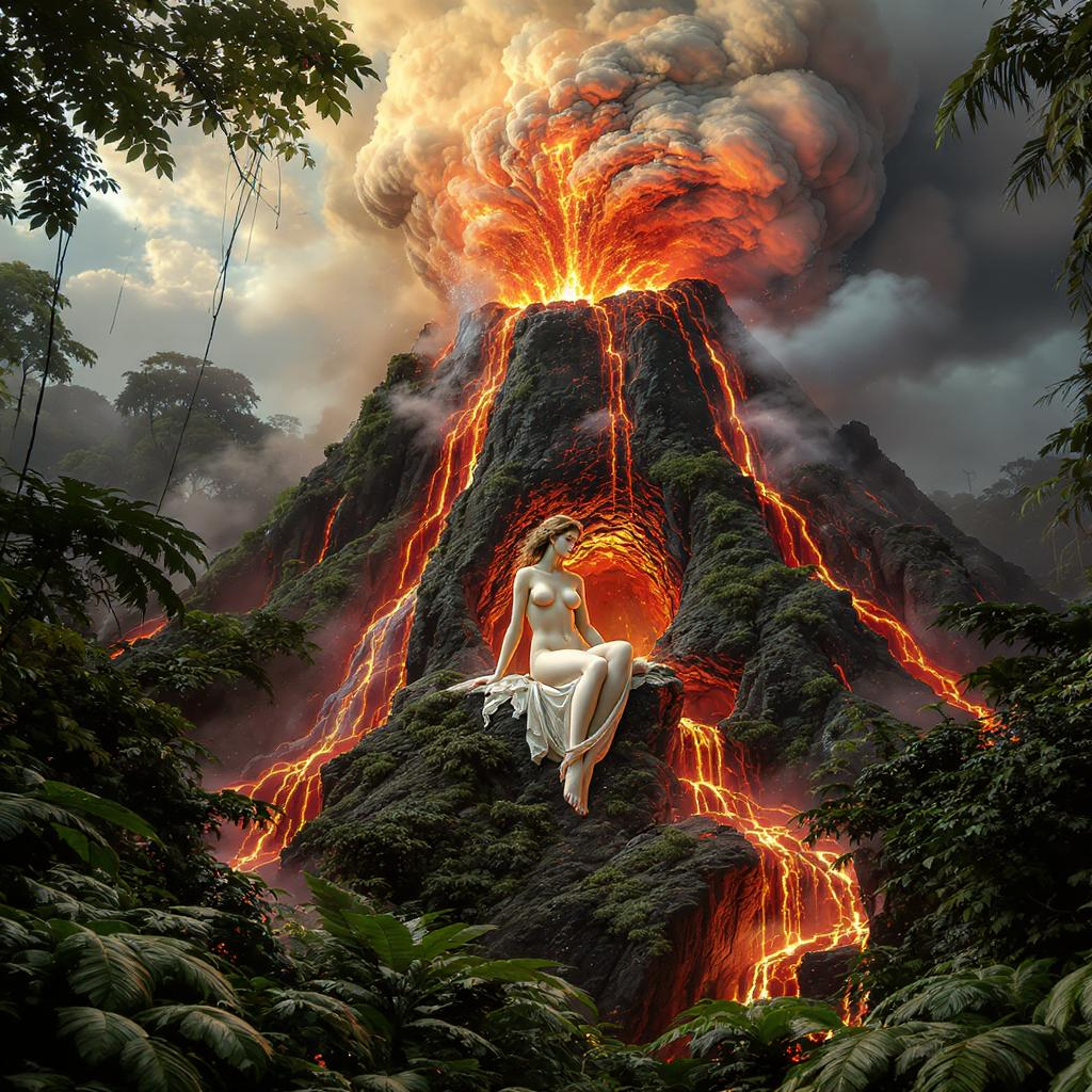 in a jungle landscape with an active volcano with sm...