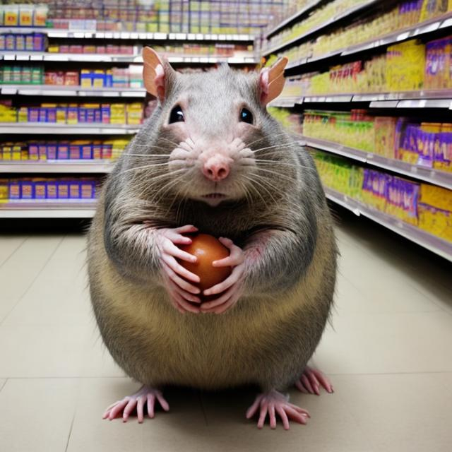 Giant, obese rat in a grocery store