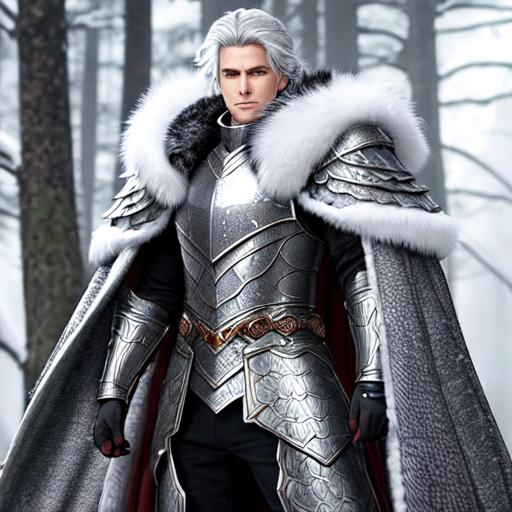 human male in dragon scale armor with a fur cloak, s...