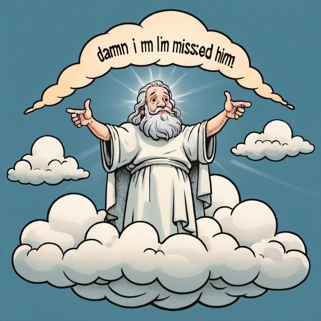A cartoon of god on a cloud pointing down saying “da...