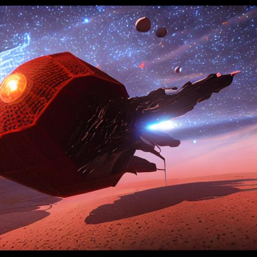 A spider-like spaceship as it orbits a planet, photo...