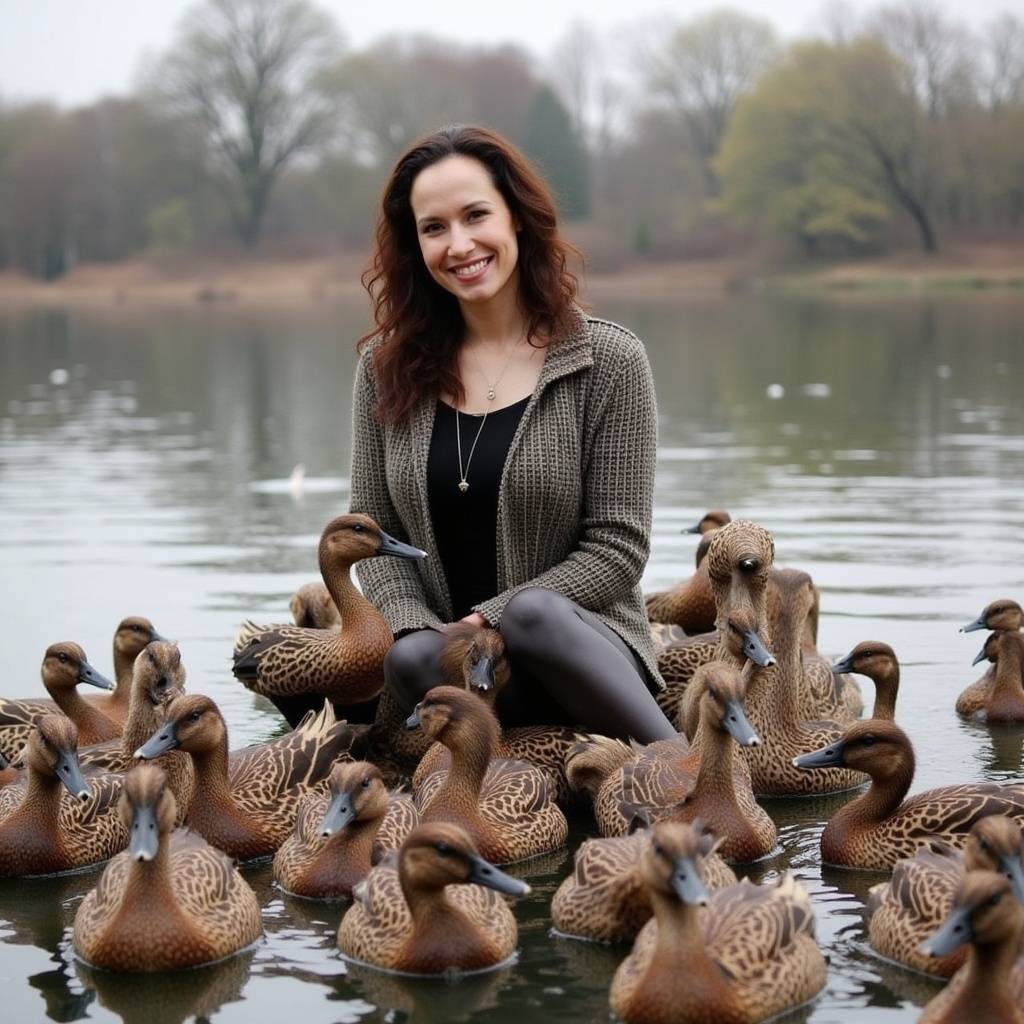 She is surrounded by dozens of ducks. Some are even...