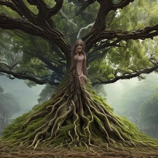 A woman who is part of a large oak tree, with her ro... | OpenArt