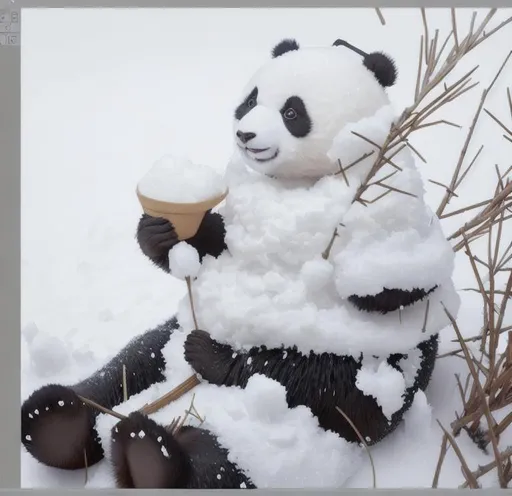 Baby panda with rice hat on sitting in snow, 4k uhd,...