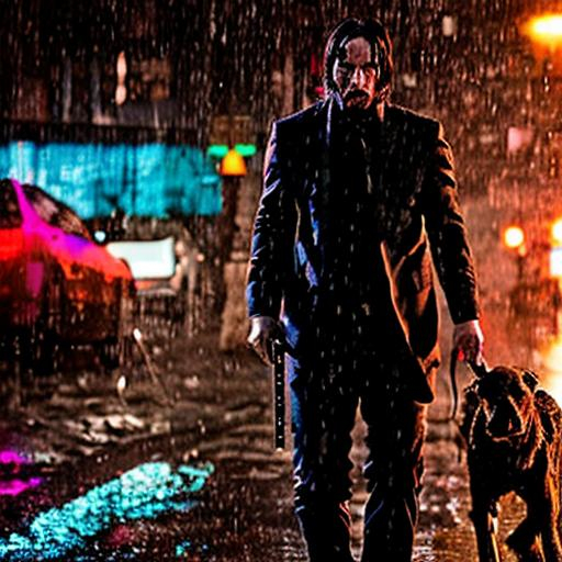 john wick with dog, rain, cyberpunk style, cinematic...