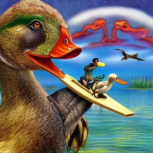 duck hunting with dinosaurs in the background, but a... | OpenArt