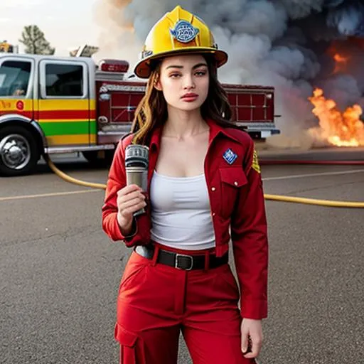 Crystal Reed as super hot firefighter open unbuttoned | OpenArt