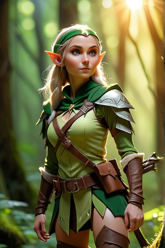 Elf ranger in a mystical forest around sunlight