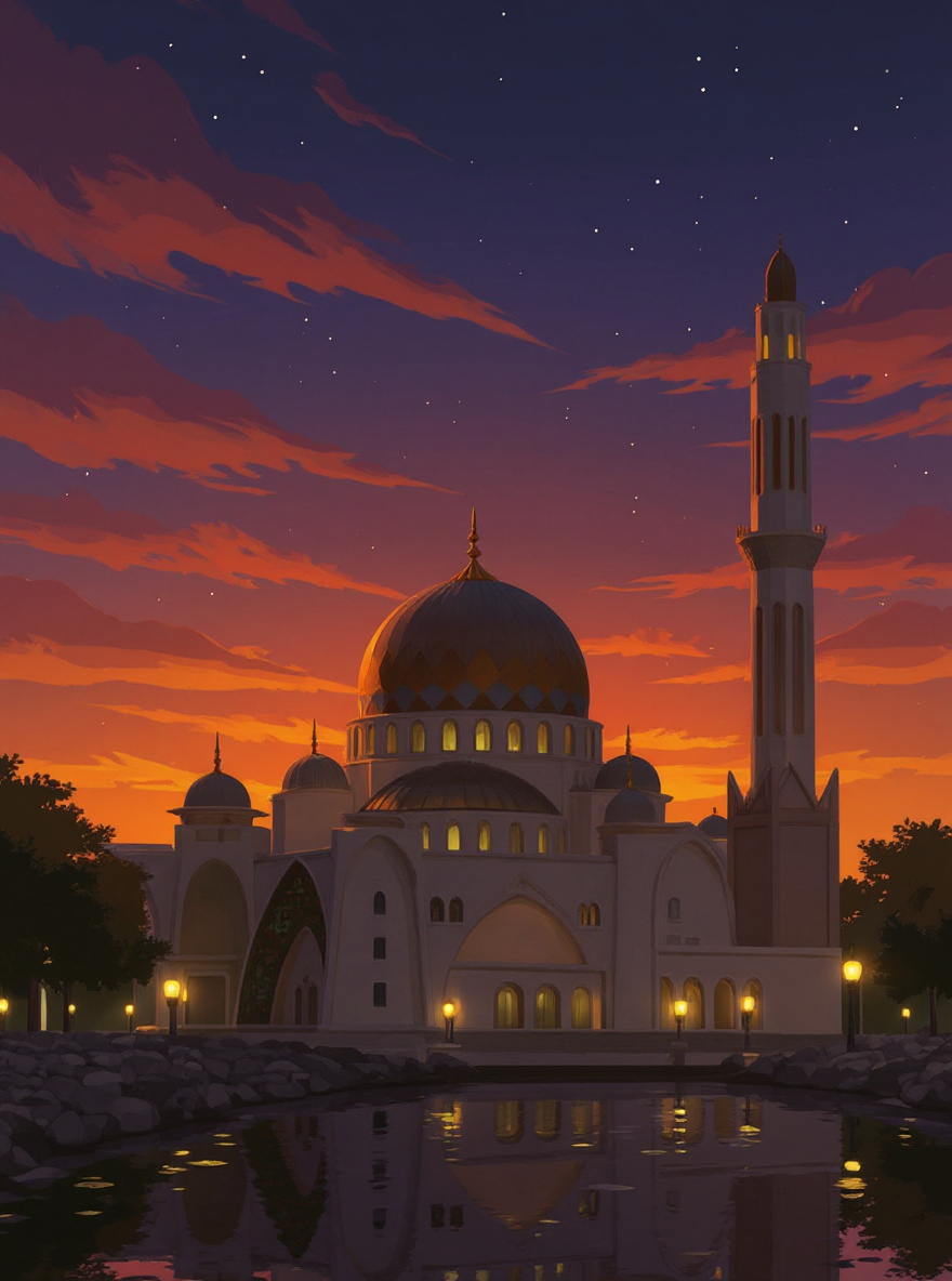 Animate mosque illustration with moving clouds and g...