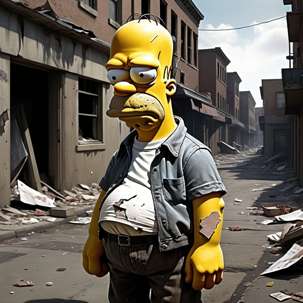 Hyper-realistic version of Homer Simpson, disheveled...