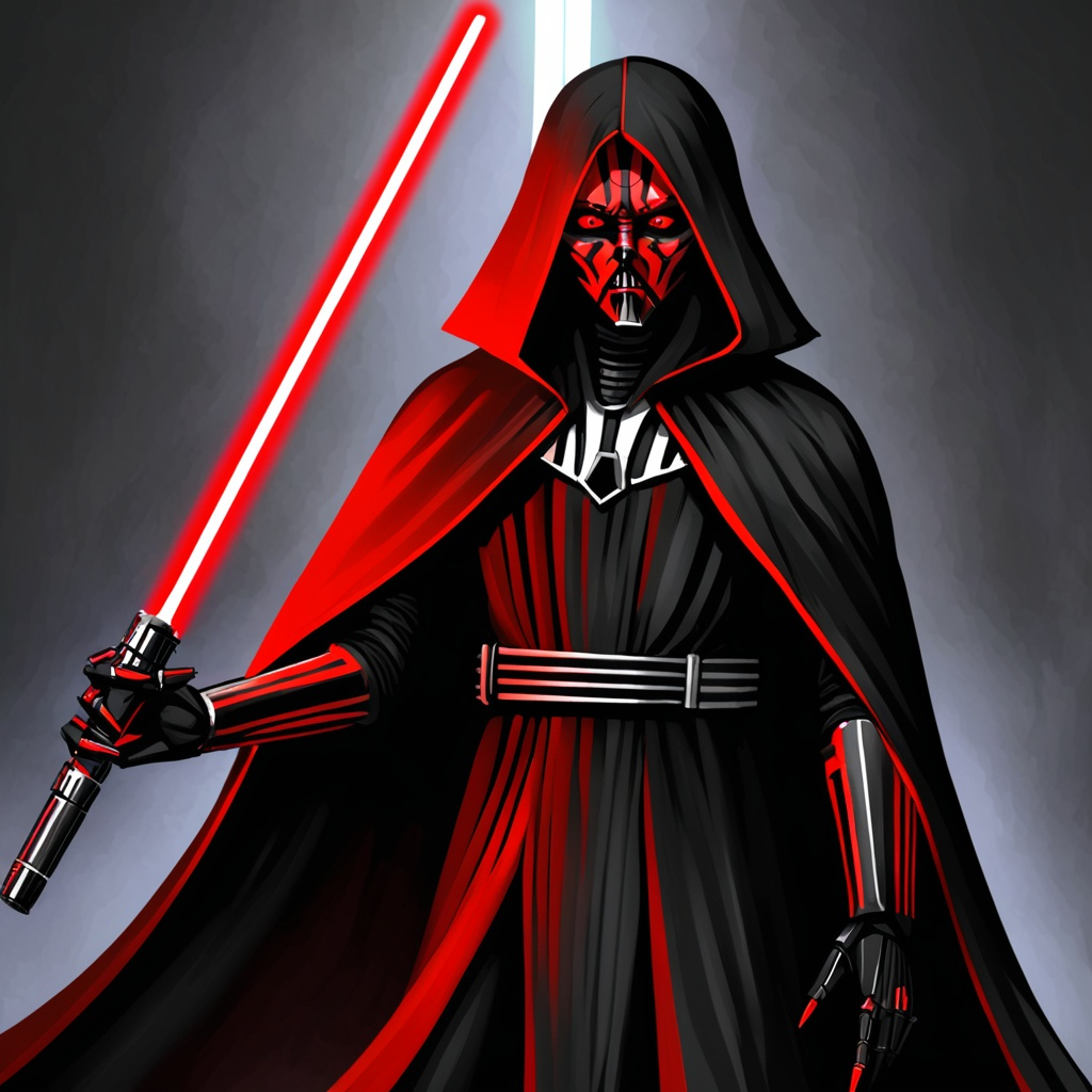 Sith eyes and red lightsaber humanoid with cloak on