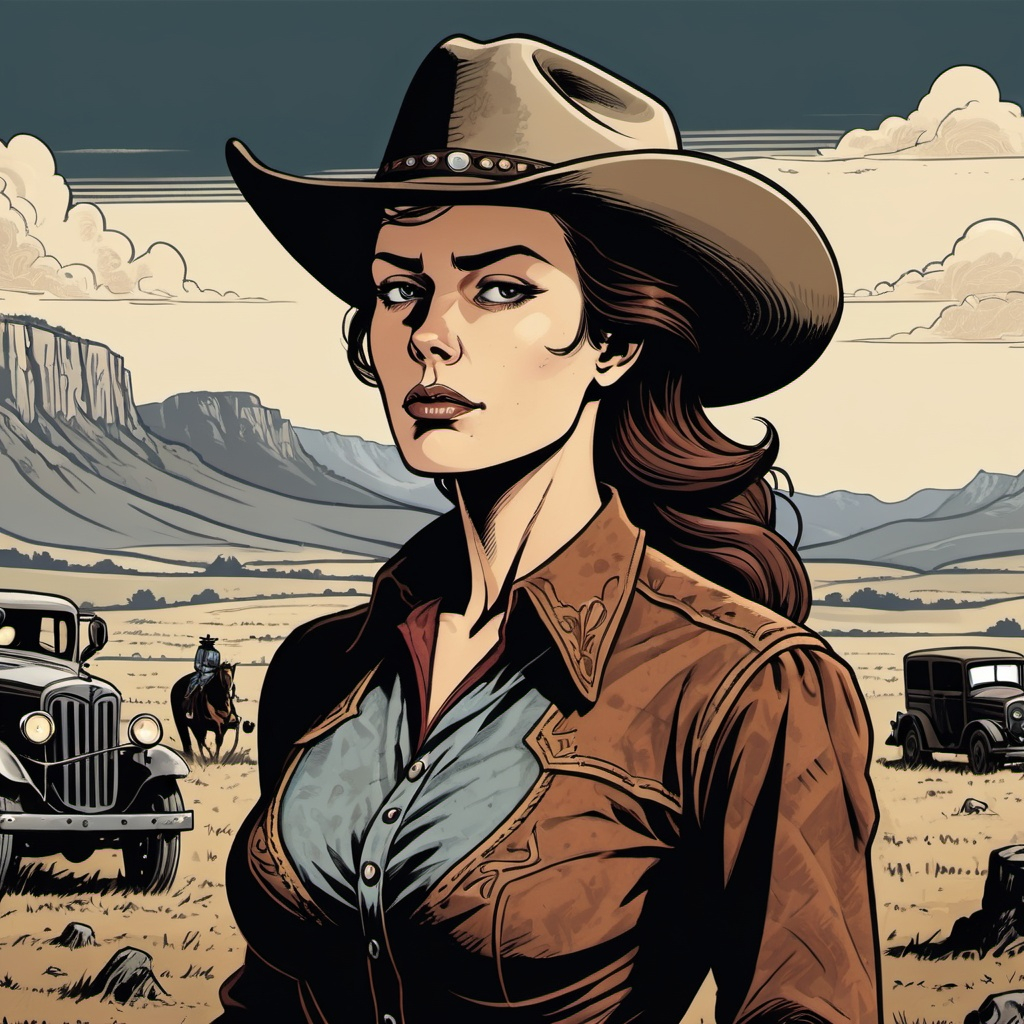 Woman cowboy, landfields, detailed, dark colors, dra...