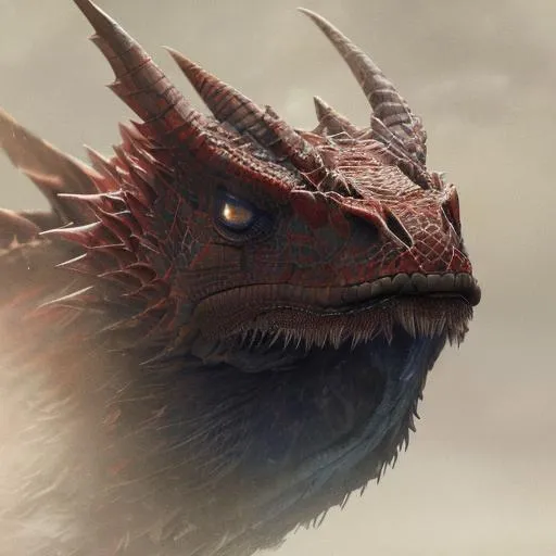 a red dragon with blue markings and a intelligent fa...