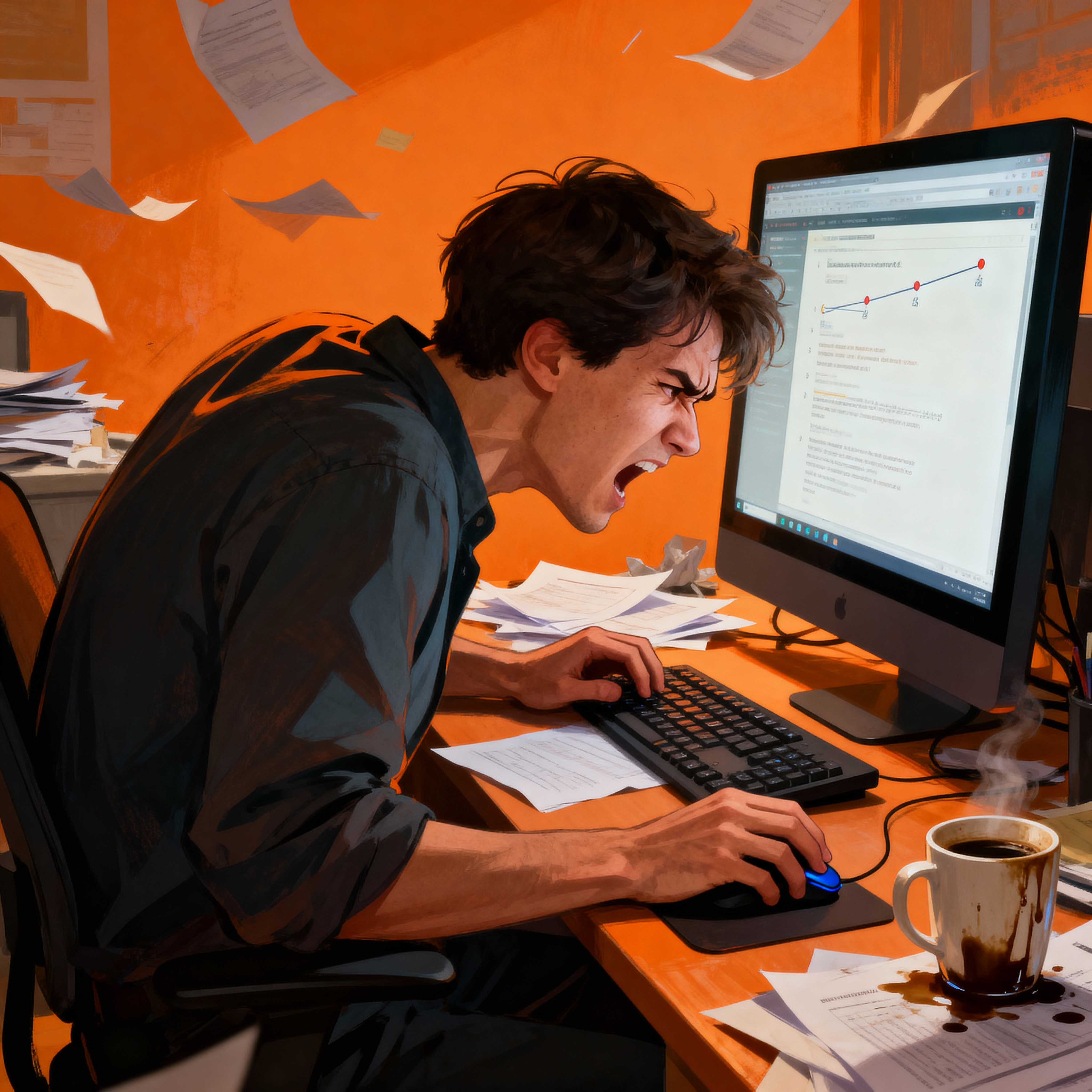 Person frustrated at computer, clicking, scrolling,...