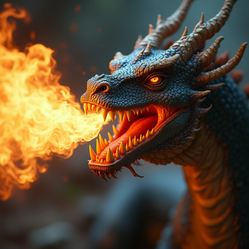 A dragon is breathing fire out of its mouth