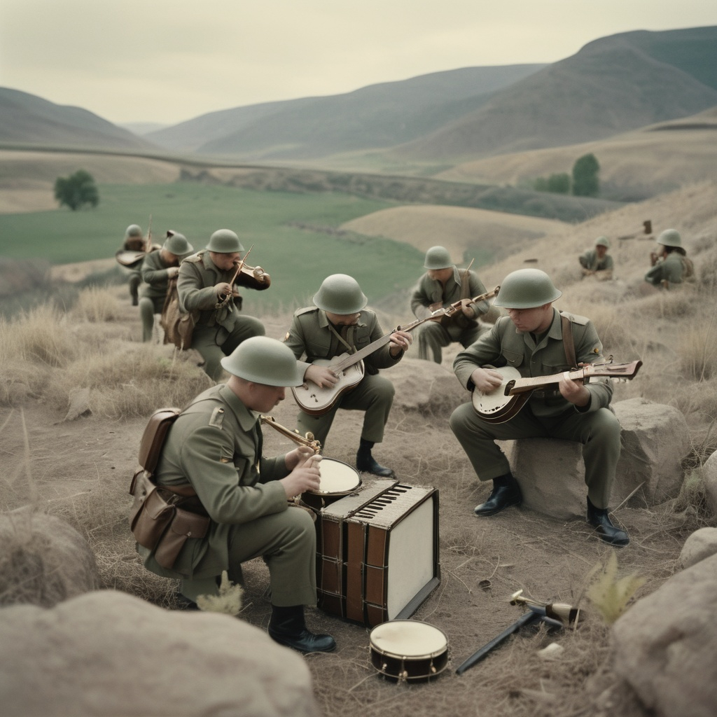 Army men playing different instruments among a lands...