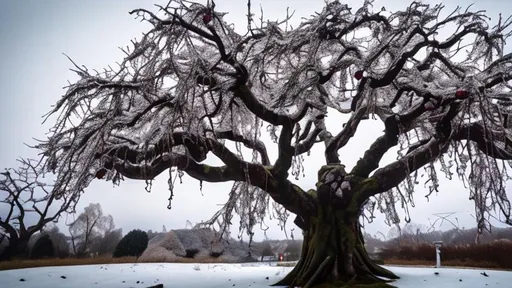 Ancient scary looking cherry tree on top of hill dur...