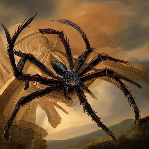 Renaissance style spider dragon in front of castle