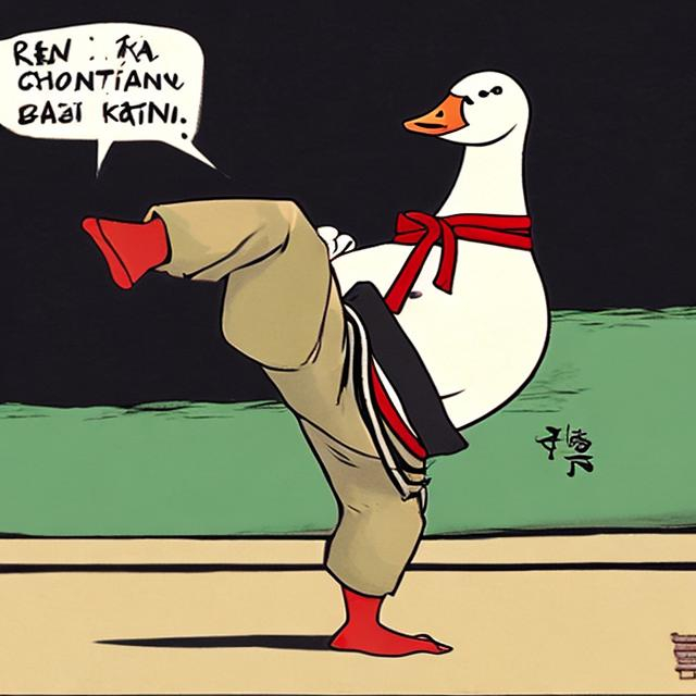 A cartoon goose doing a side kick and wearin a black...