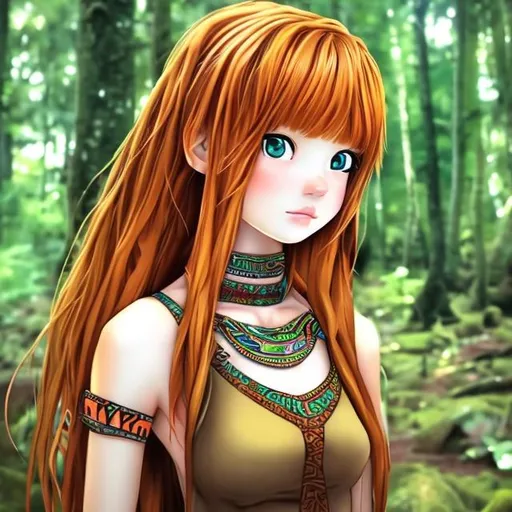 Ginger tribal girl in forrest. Anime style