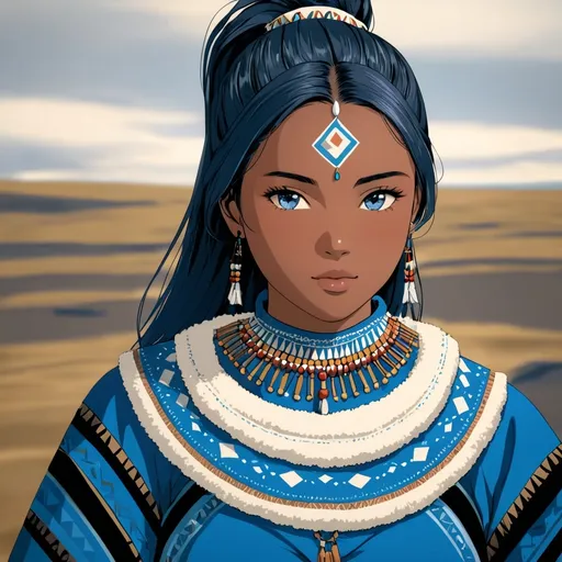 young woman, dark skin, intricate inuit ponytail. bl...