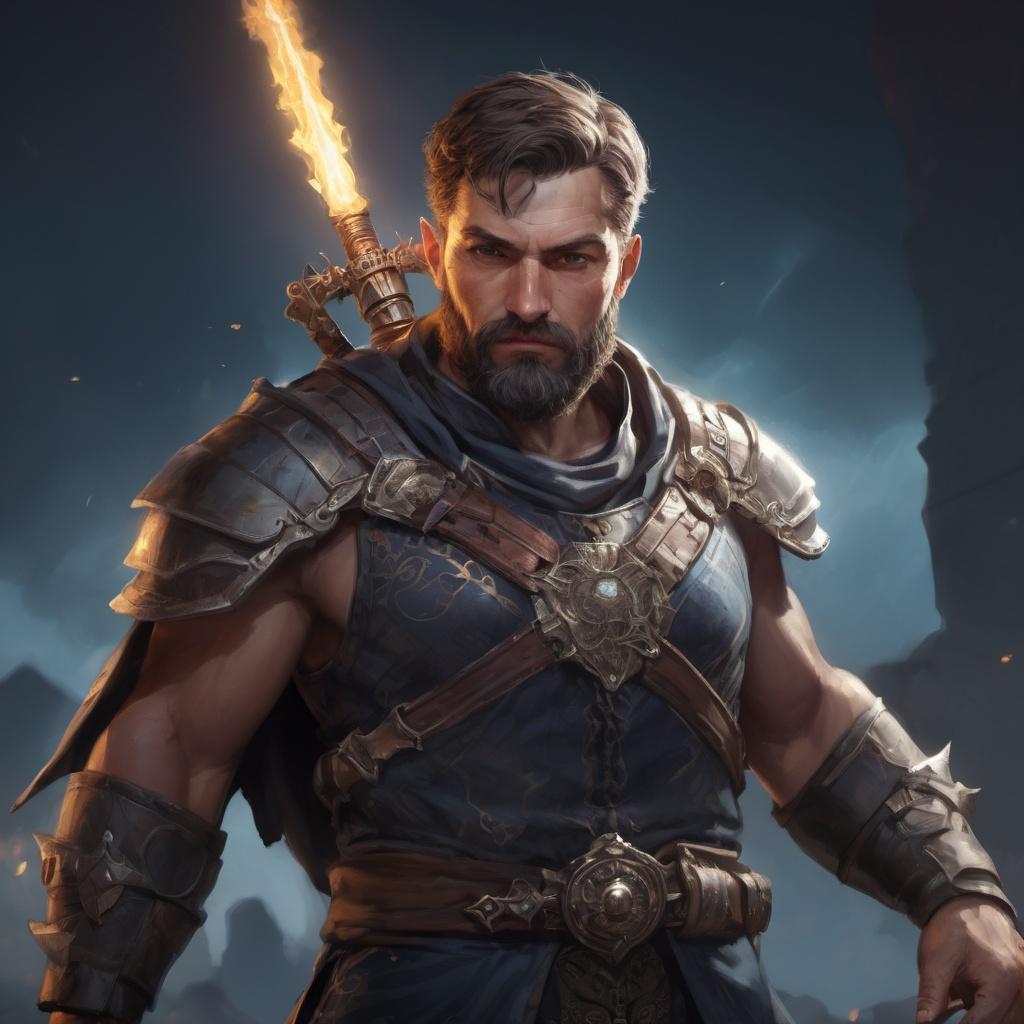 (torso) Male stocky mature light-sorcerer with short...