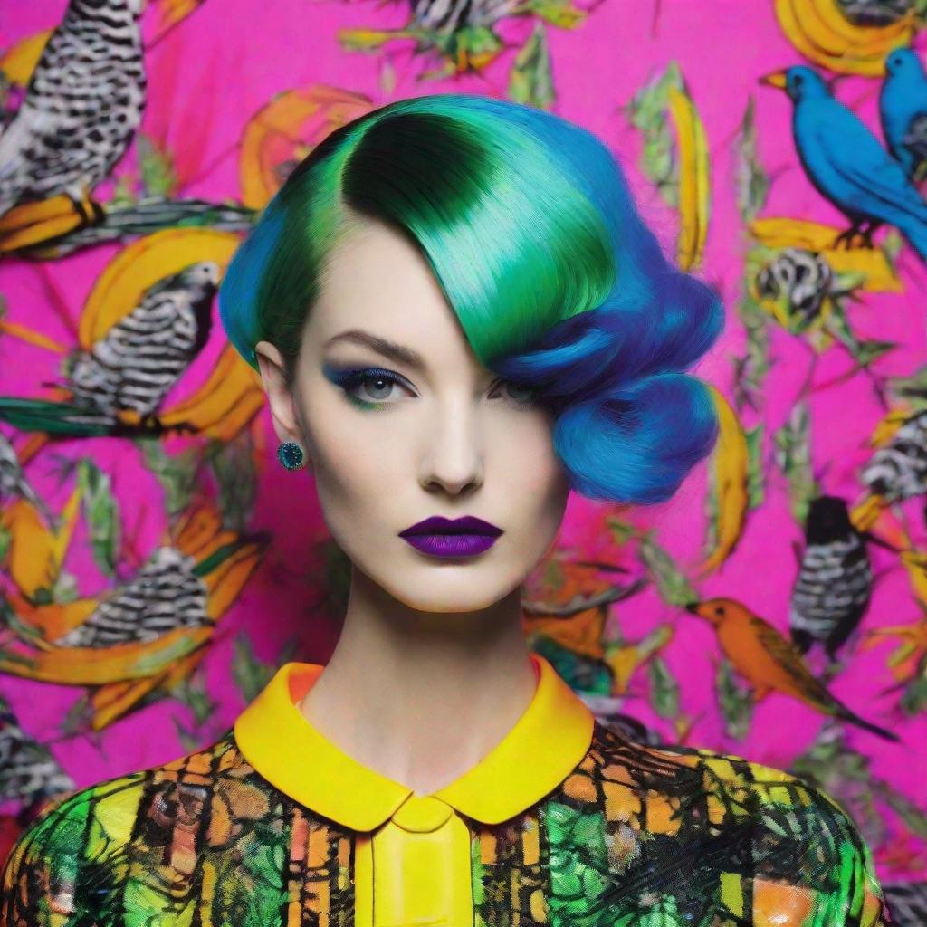 tricky neon colors hair in fornasetti style treat, b...