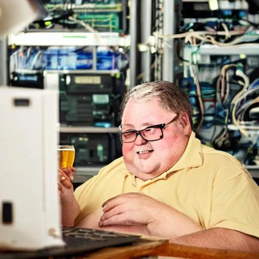 old fat computer technician with beer