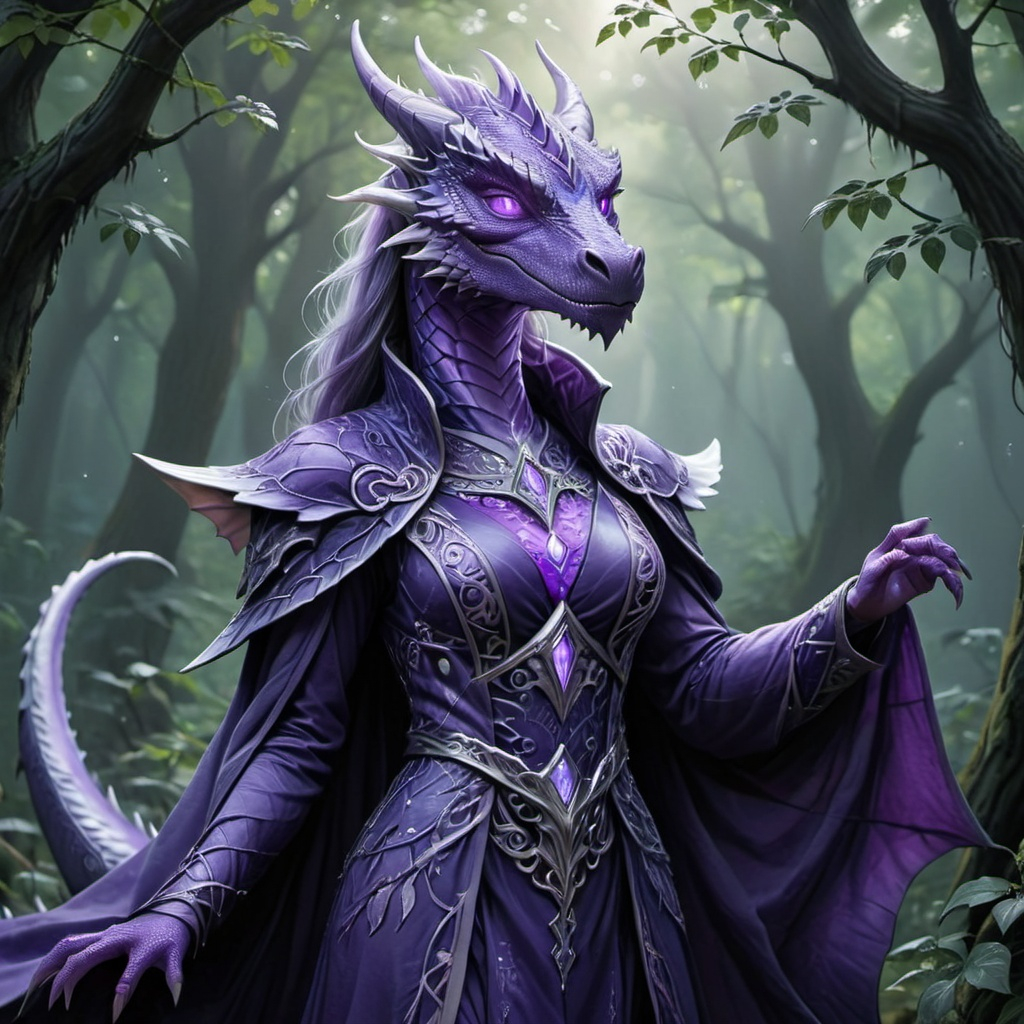 Envision a powerful female dragon humanoid with vivi...