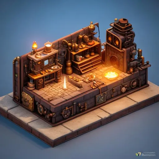 cute isometric steampunk forge and anvil in middle,... | OpenArt