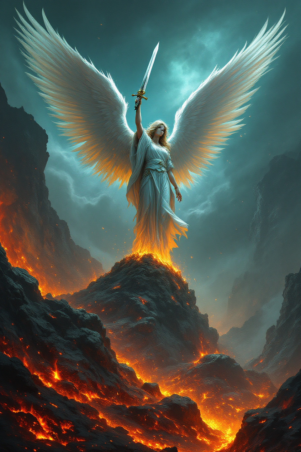 An angel with sword standing on a hill over Hell bur...